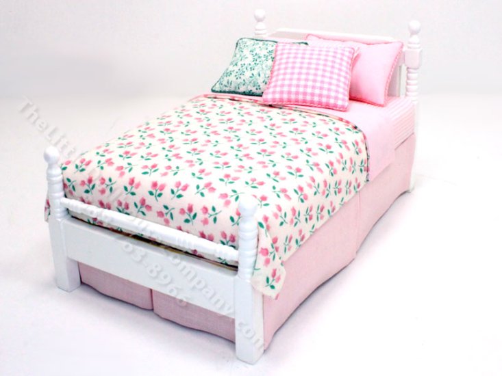 Miniature Dressed Single White Bed For Dollhouses [DEW SBedPinkTulip ...