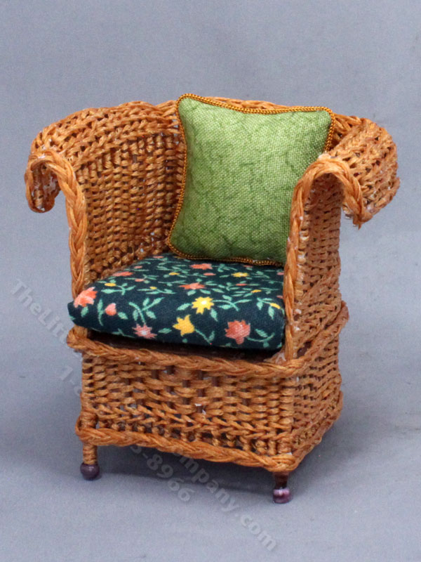 Miniature Brown Wicker Chair with Green Cushions for Dollhouses [BOE ...