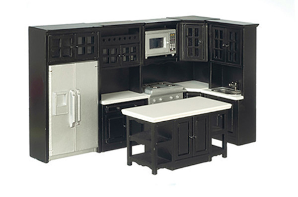 Dollhouse Miniature Black Kitchen Set with Marble Top [AZT T5825] | The ...
